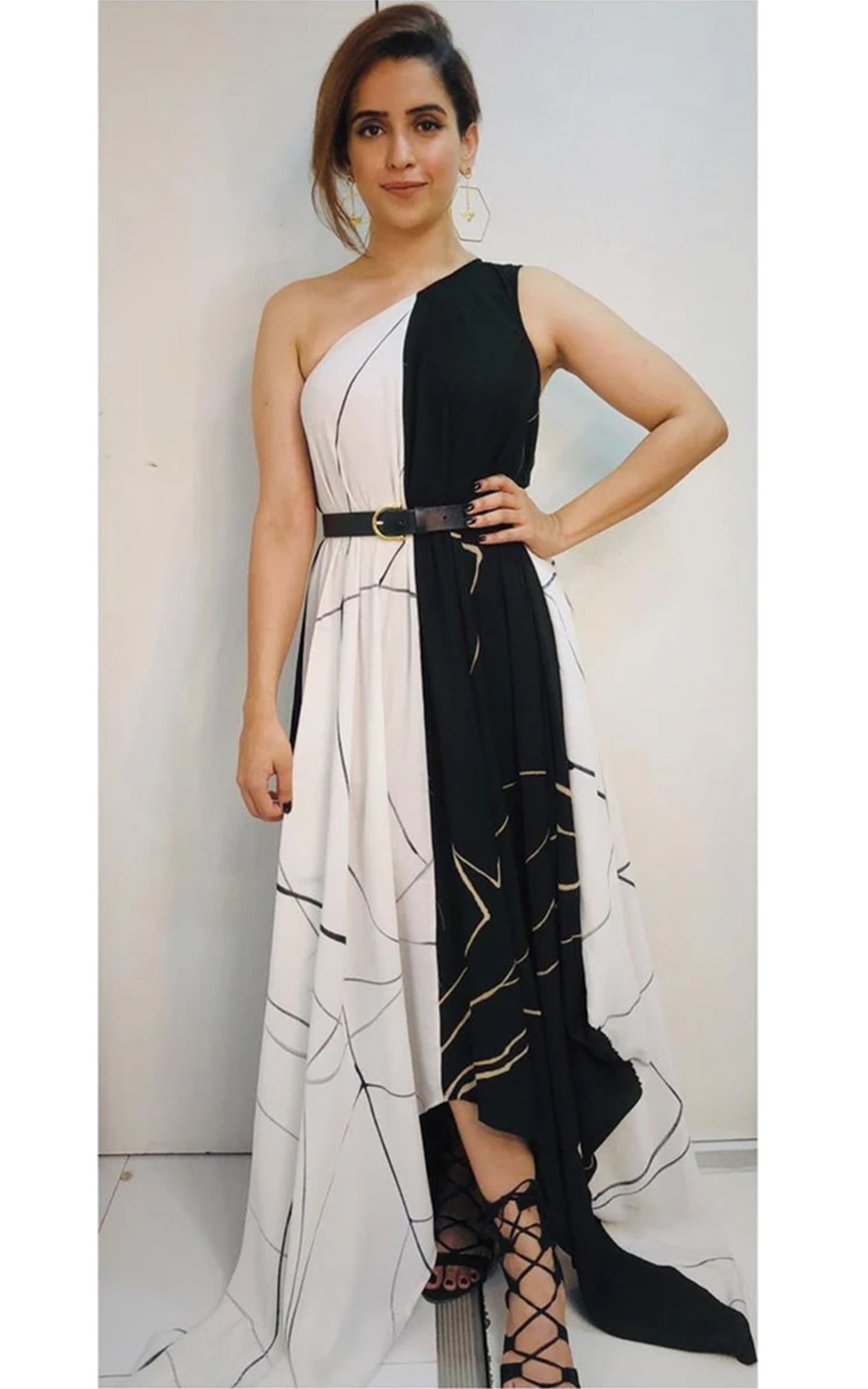 Abstract Printed Black & White One Shoulder Drape Dress – Vedika M